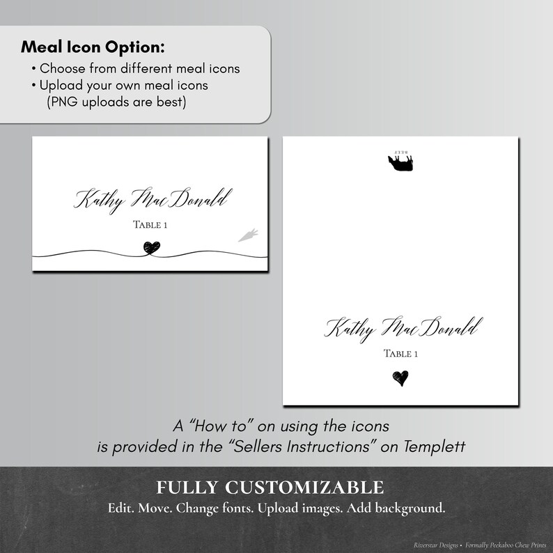 Wedding Place Card EDITABLE PRINTABLE Dinner Food Label Black - Etsy