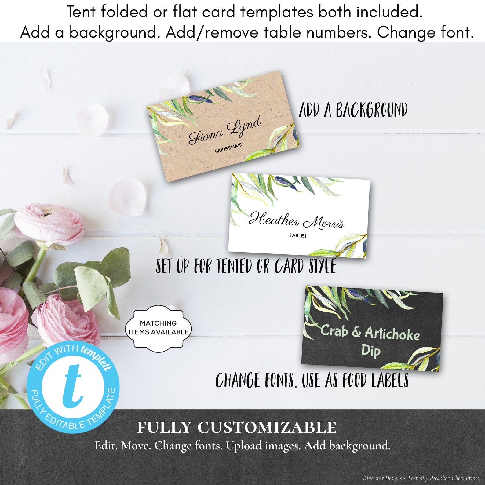 Place Card EDITABLE PRINTABLE Wedding Dinner Food Label Willow | Etsy