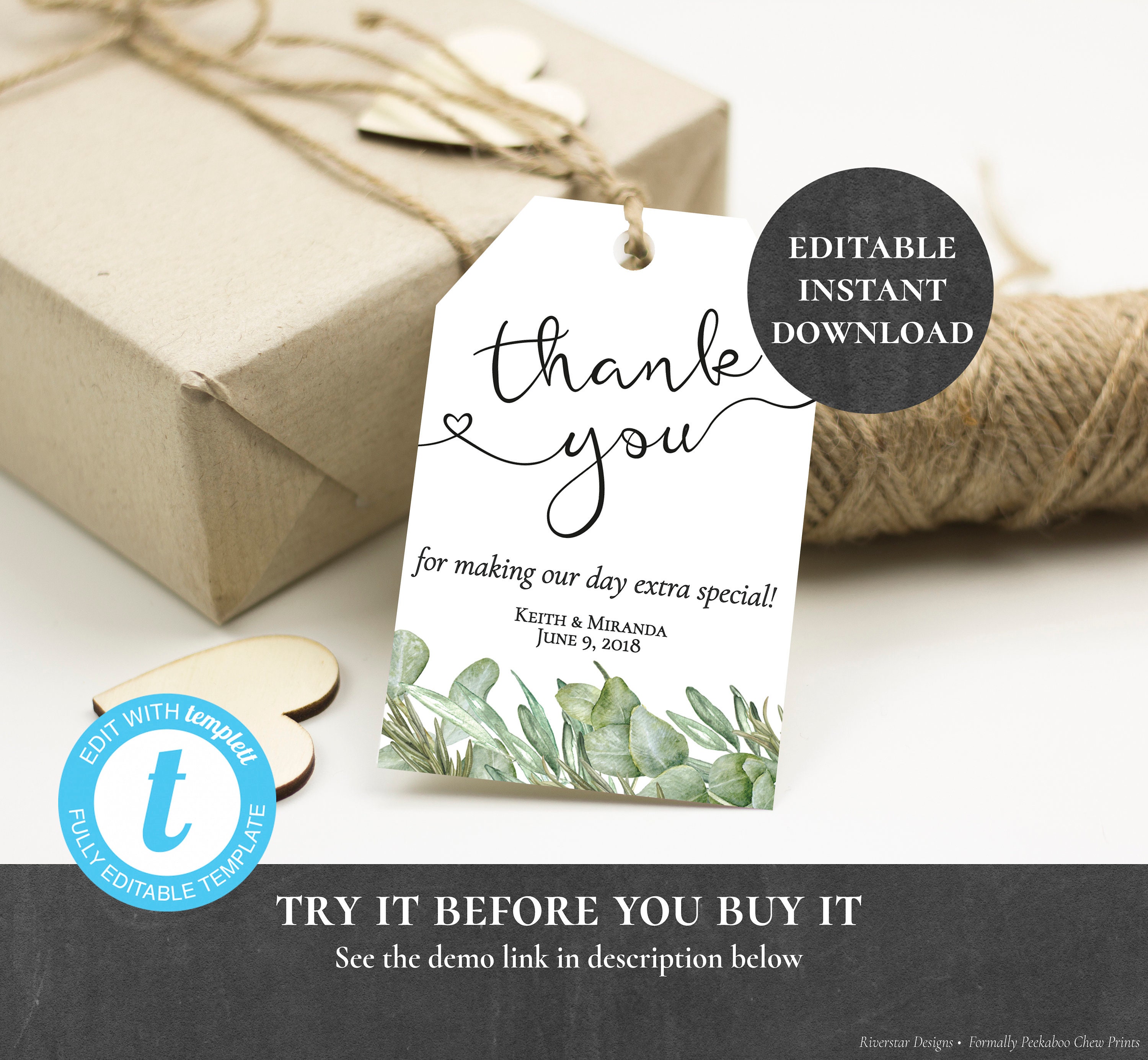 Thank You Tags Editable Printable Rosemary Eucalyptus Olive | Etsy