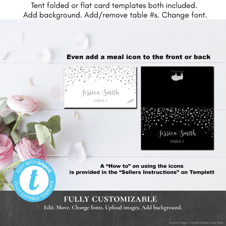 Wedding Place Card EDITABLE PRINTABLE Dinner Food Label Black | Etsy