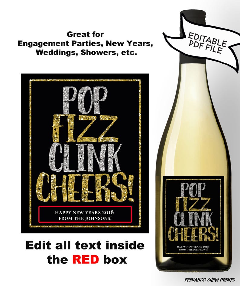 Pop Fizz Clink Cheers EDITABLE PRINTABLE Wine Label Champagne - Etsy