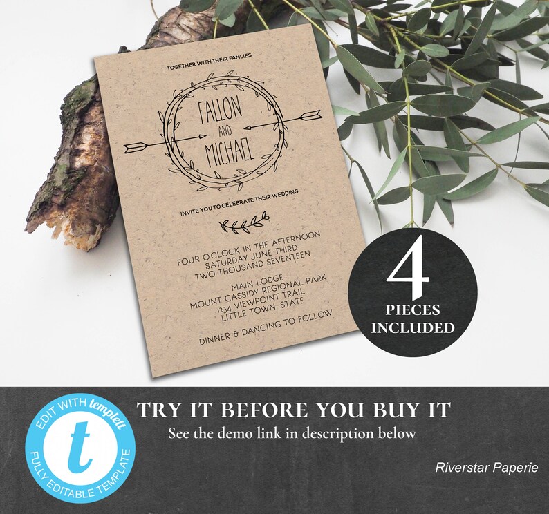 Rustic Wedding Invitation Template Set EDITABLE Invite RSVP - Etsy