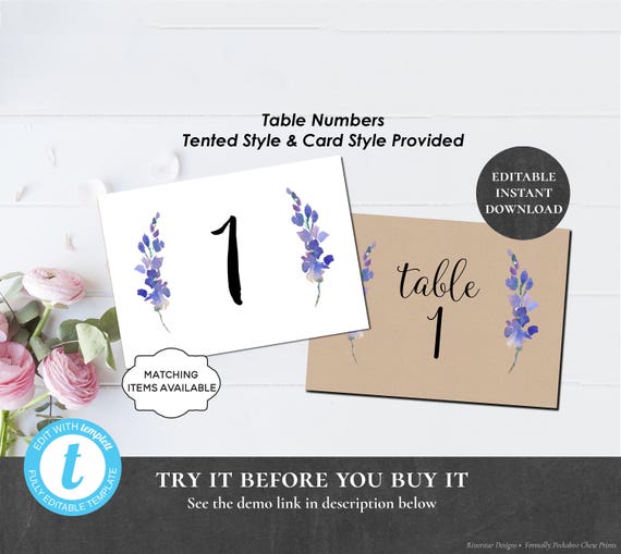 Table Number Sign Card EDITABLE PRINTABLE Purple Tent Flat 7x5 | Etsy