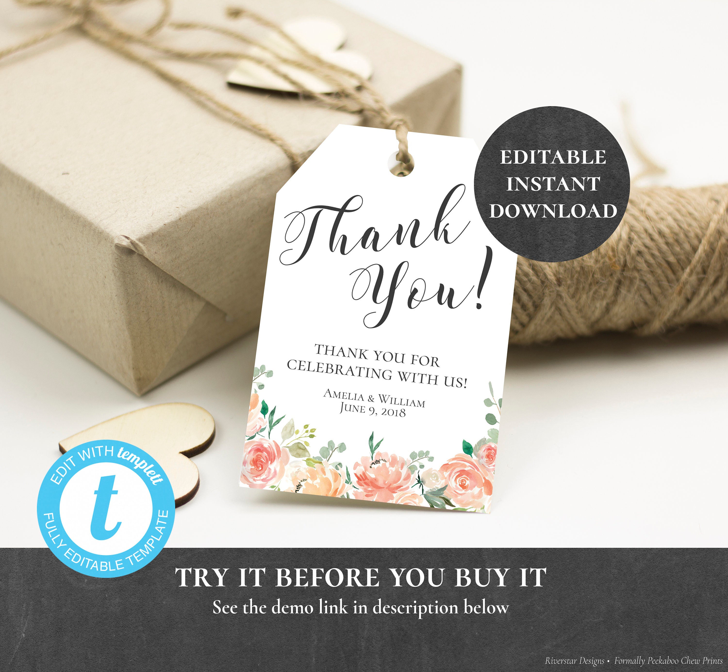 Thank You Tags Editable Printable Peach Cream Peony Hydrangea | Etsy