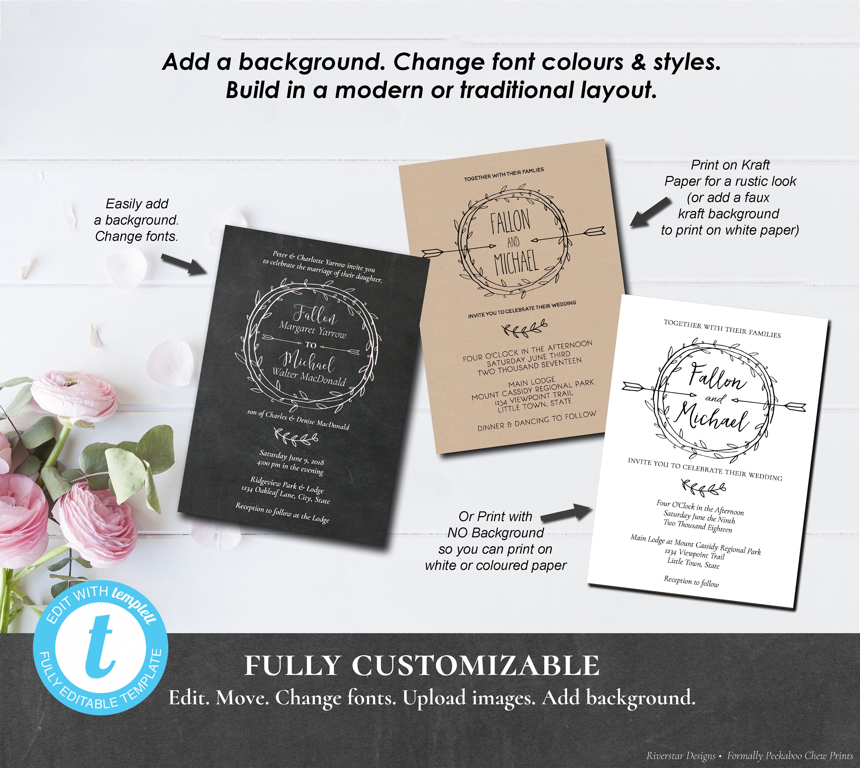 Rustic Wedding Invitation Template Set EDITABLE Invite RSVP | Etsy