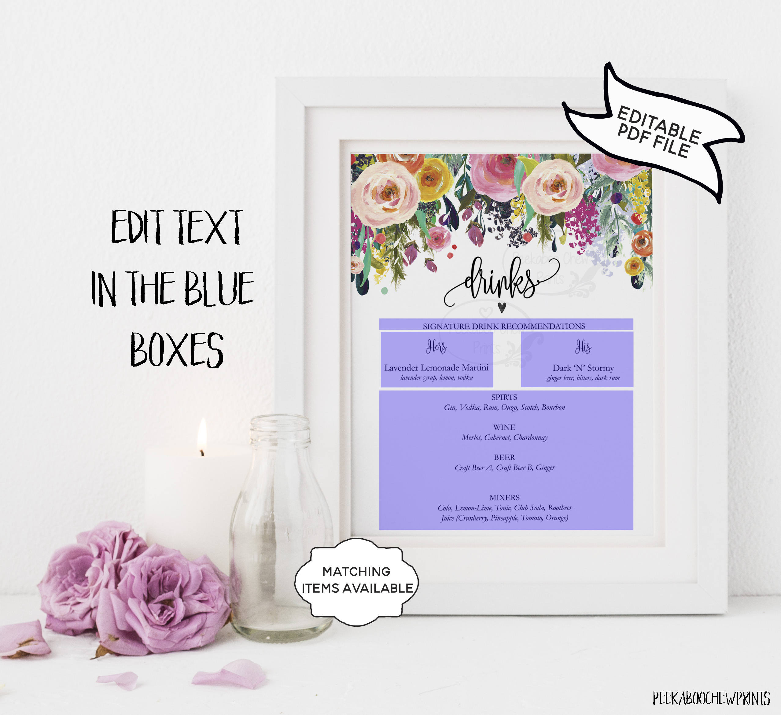 Wedding Drinks Menu Editable Printable Floral Peony Signature | Etsy