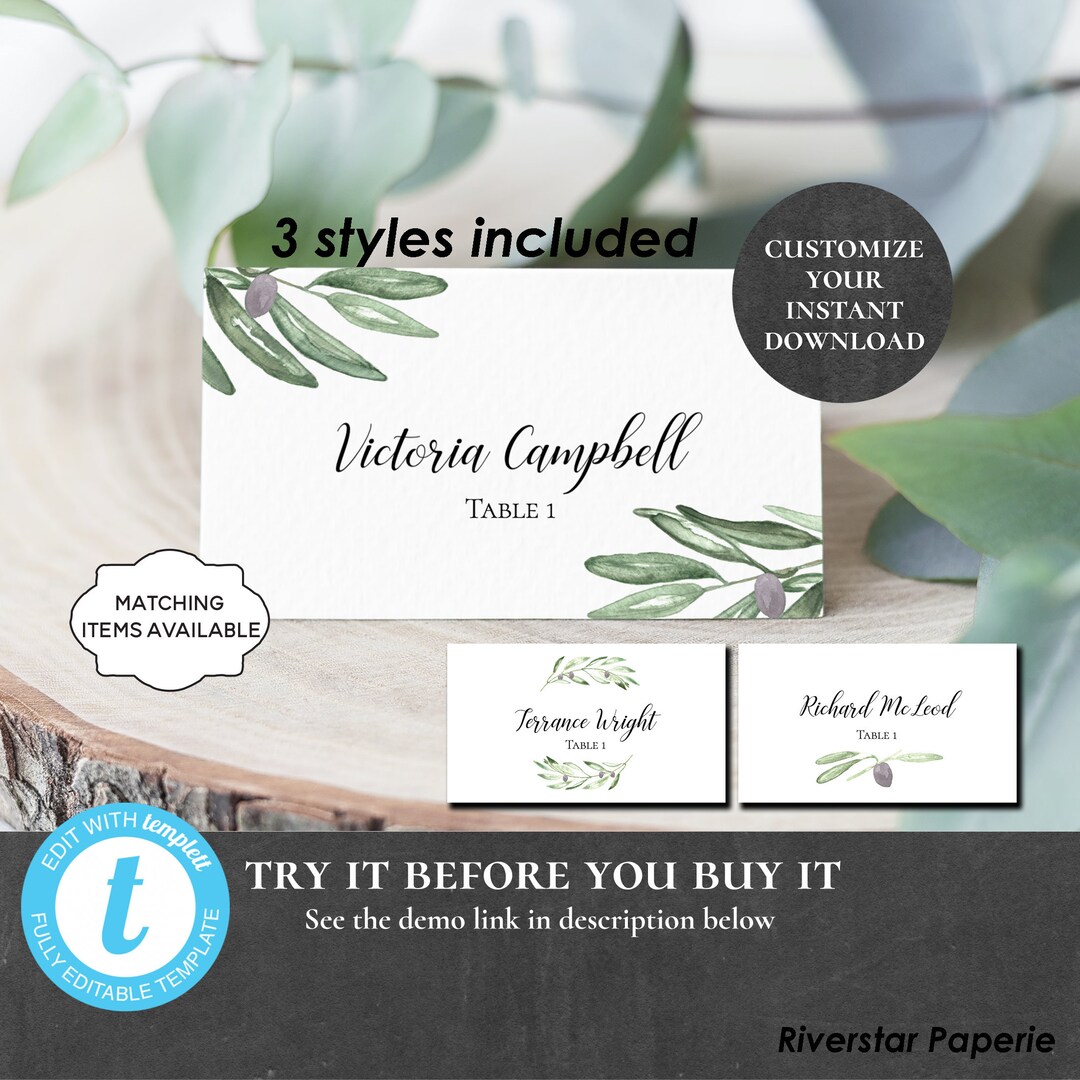 Wedding Dinner Place Cards Printable Editable PDF Olive Leaf - Etsy