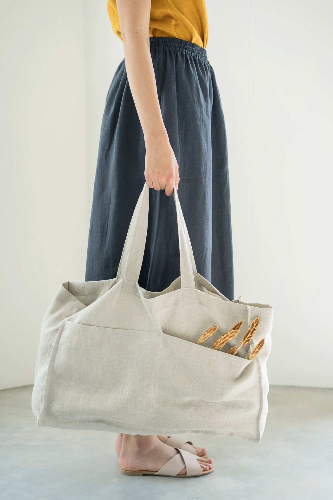 Pure Linen Bag With Pockets / Washed Linen Shopping Bag / - Etsy