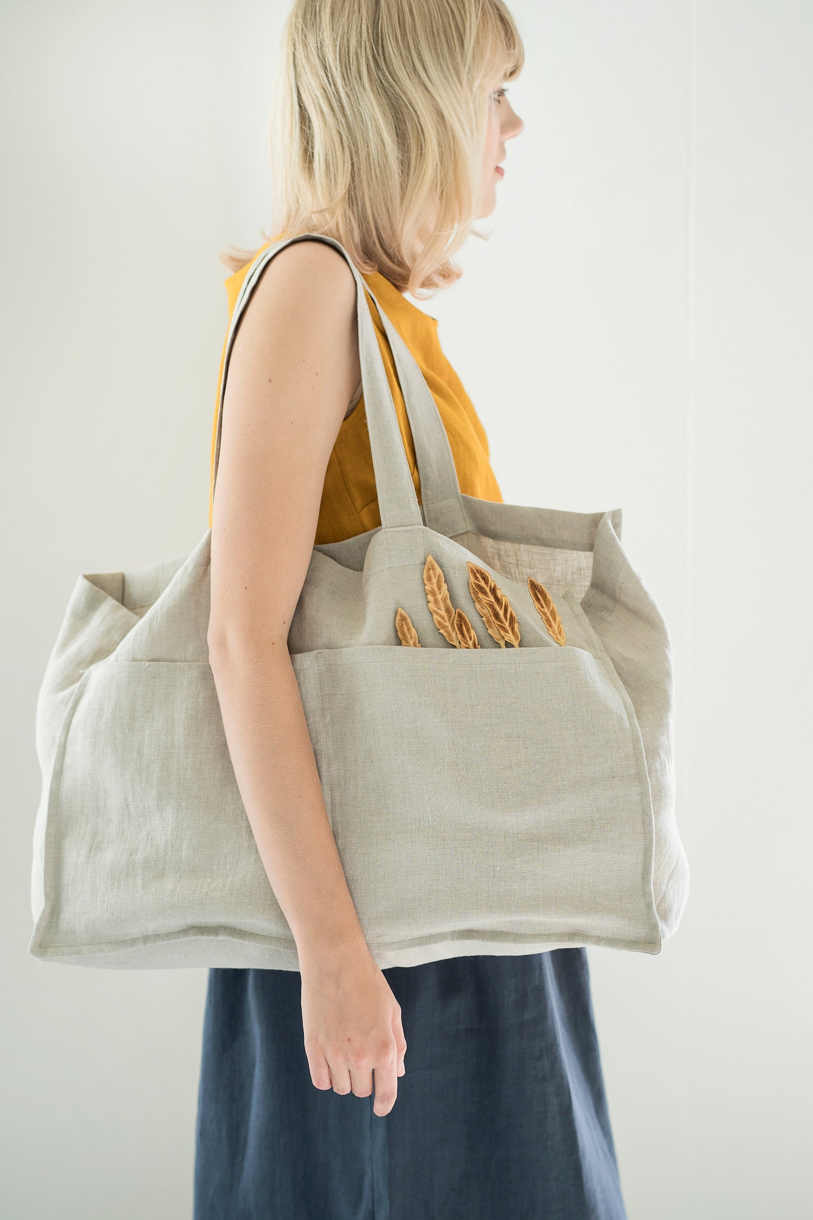 Pure Linen Bag With Pockets / Washed Linen Shopping Bag / - Etsy
