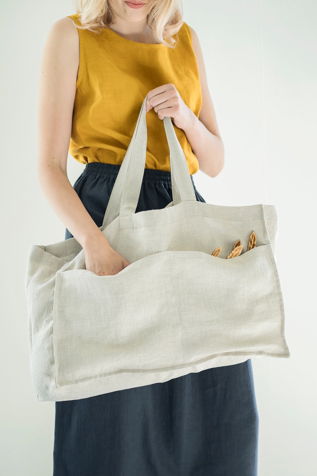 Pure Linen Bag With Pockets / Washed Linen Shopping Bag / Large Linen ...