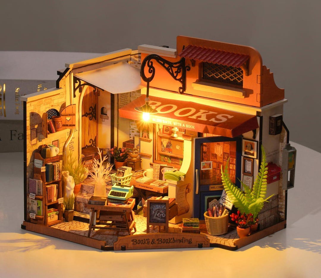 DIY Miniature House Kit Corner Bookstore, Wooden Dollhouse Model ...