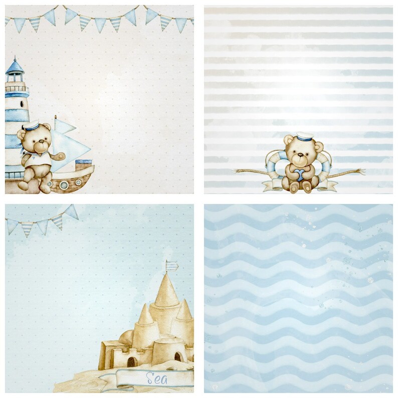 The Little Sailor, Teddy Bear, Sea Digital Paper, Nursery Background ...
