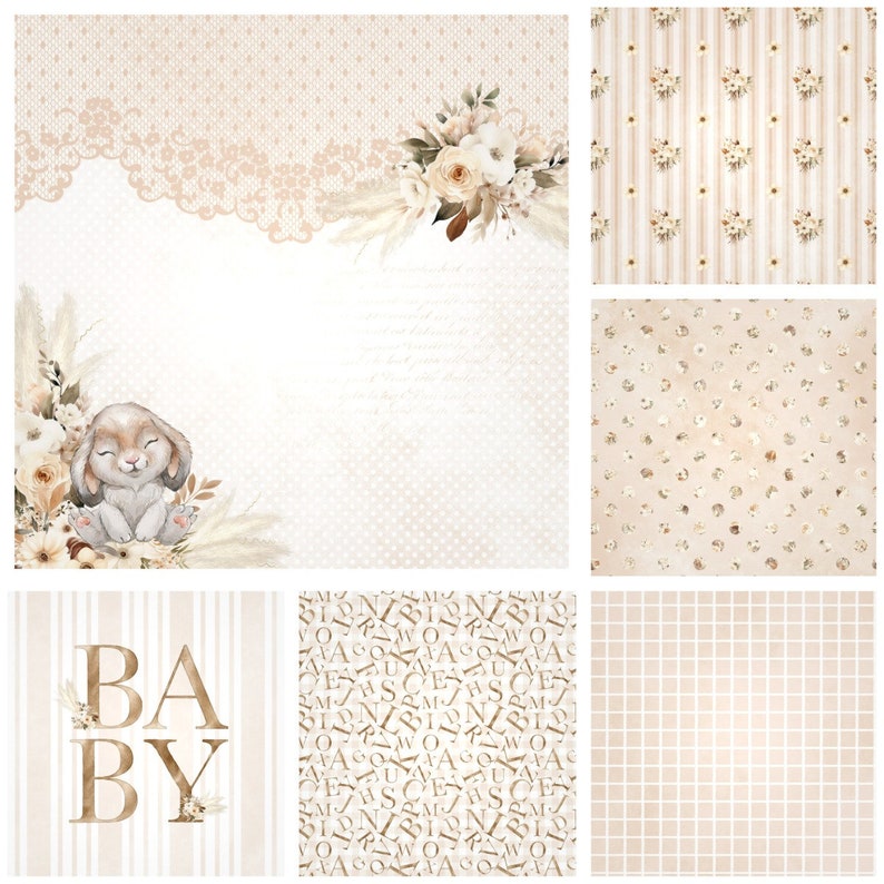 Boho Baby Bunny Digital Paper Pack, Gender Neutral, Scrapbook Album ...