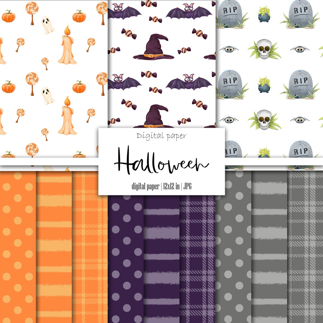 Halloween Digital Paper, Orange Purple Gray Printable Paper, Instant ...