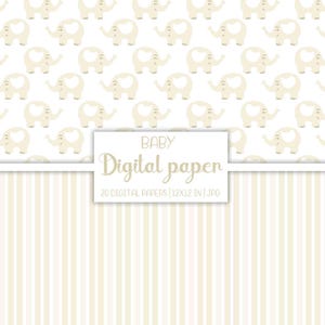 Ivory Elephant Digital Paper Pack, Baby Shower White, Instant Download ...