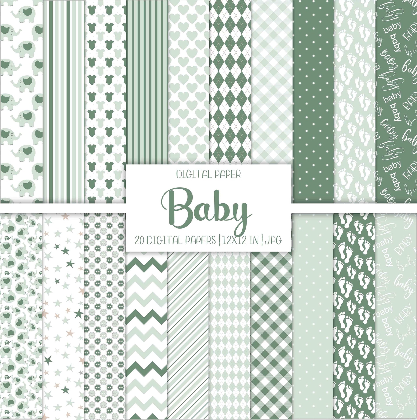 Green Baby Elephant Digital Paper Pack, Instant Download, Scrapbooking ...