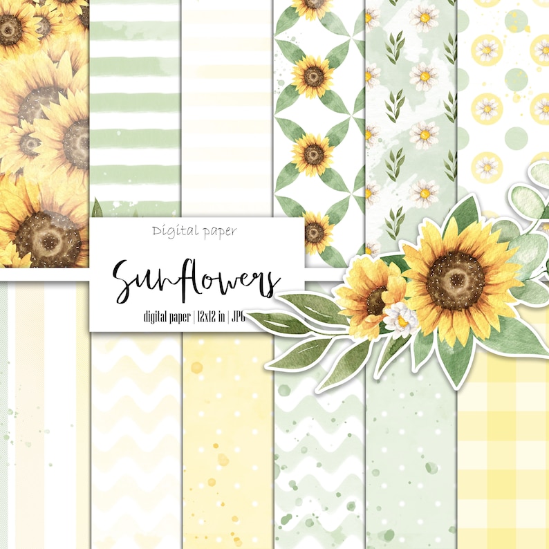 Sunflower Digital Paper Pack, Spring Pattern, Scrapbook Printable Paper ...