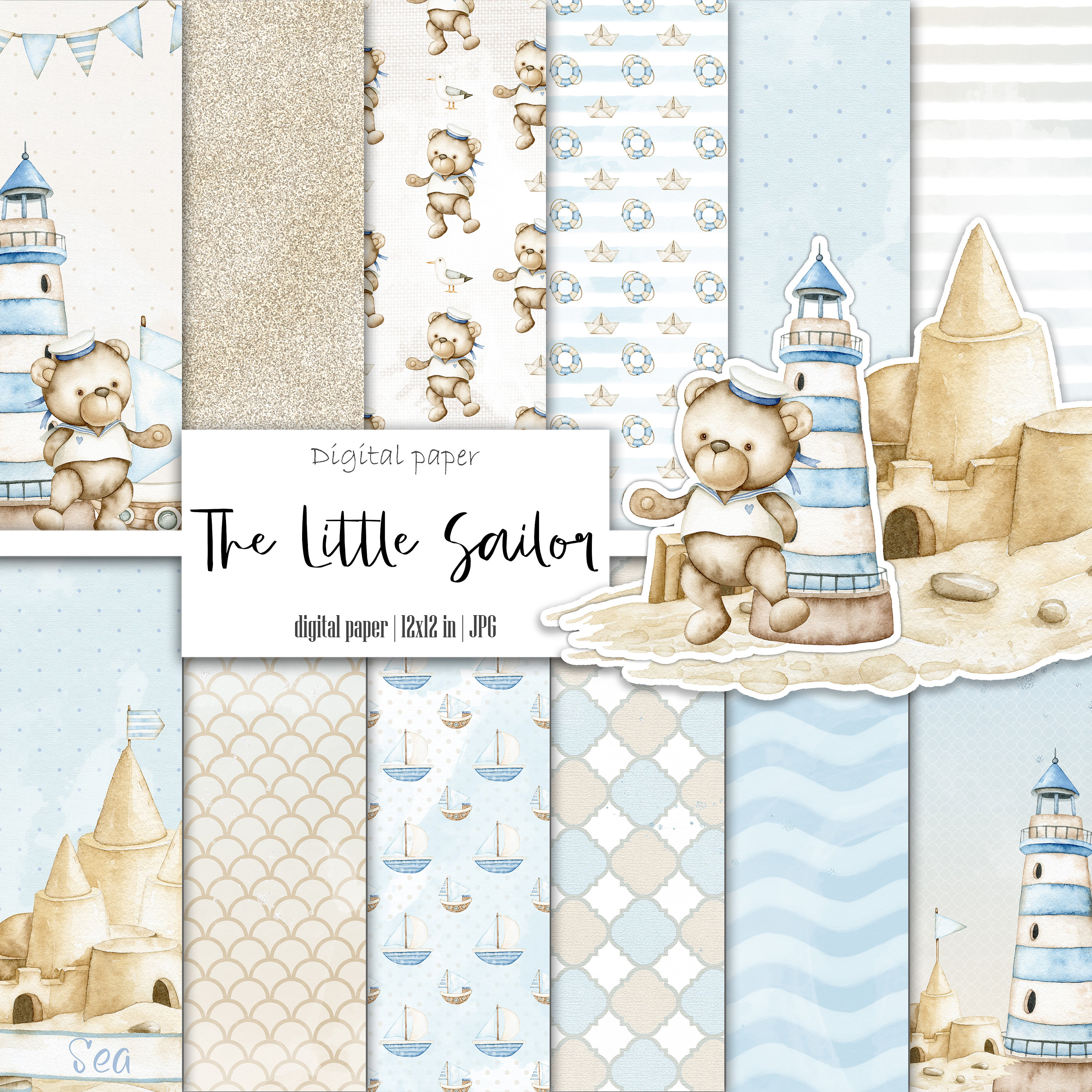 The Little Sailor, Teddy Bear, Sea Digital Paper, Nursery Background ...