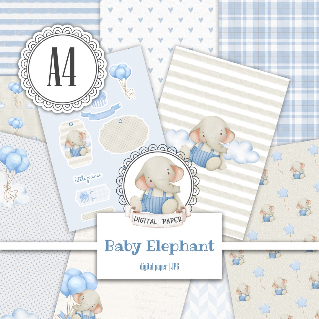 A4 Blue Baby Boy Elephant Digital Paper Pack, Newborn Cute Beige ...