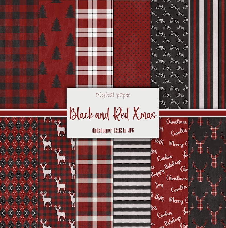 Christmas Printable Paper Pack, Deer, Red and Black Festive Plaid ...