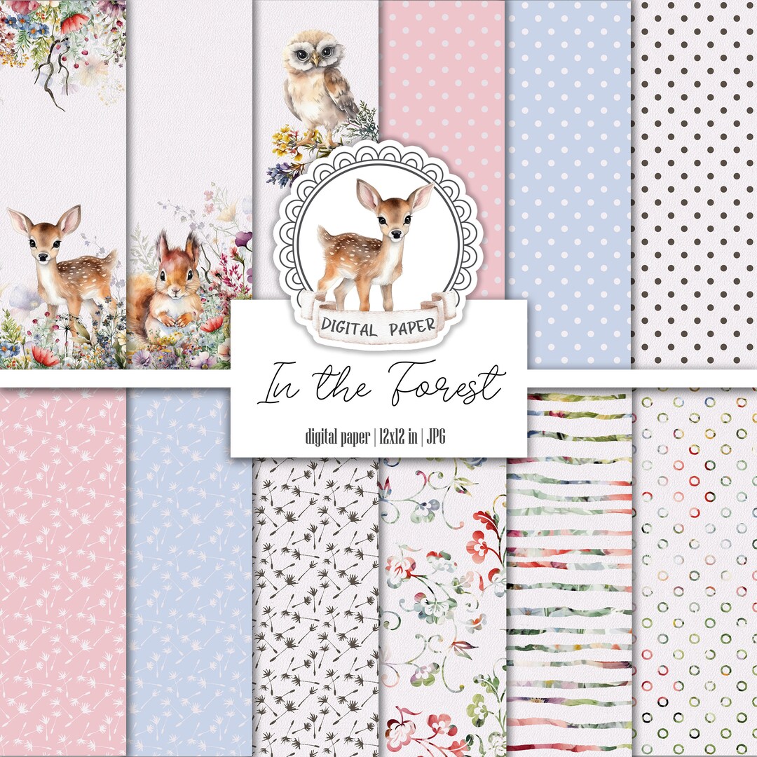 Baby Cute Forest Animals Digital Paper Pack, Wild Flowers Printable ...