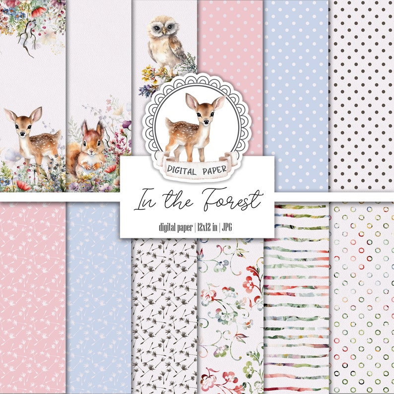 Baby Cute Forest Animals Digital Paper Pack, Wild Flowers Printable ...
