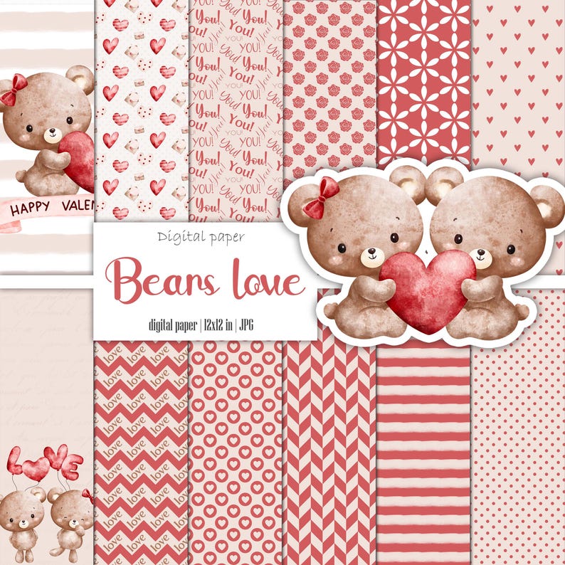 Valentine Bear Digital Paper Pack | Love Pattern Scrapbook Backgrounds ...