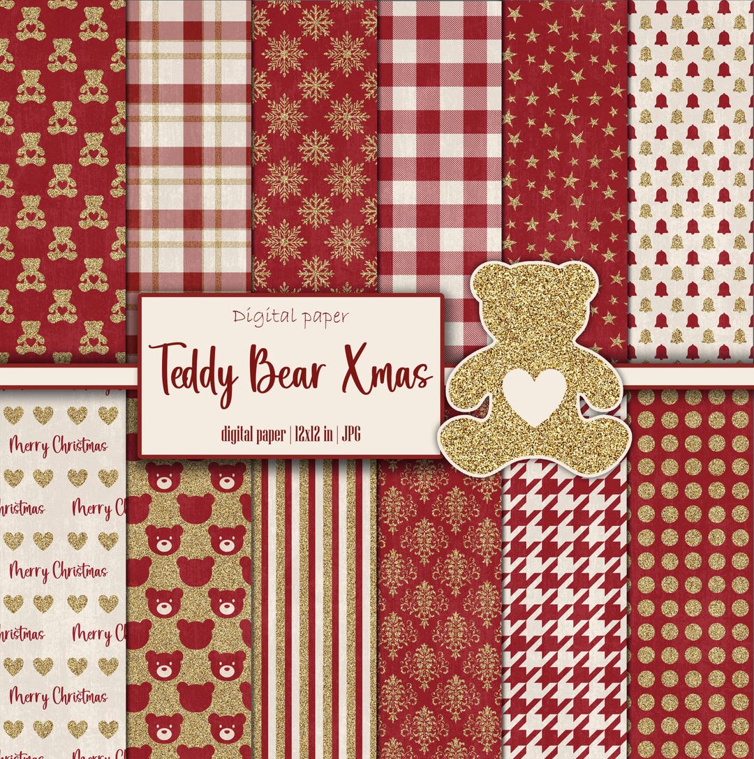 Christmas Digital Paper Pack, Teddy Bear, Red and Golden Glitter ...