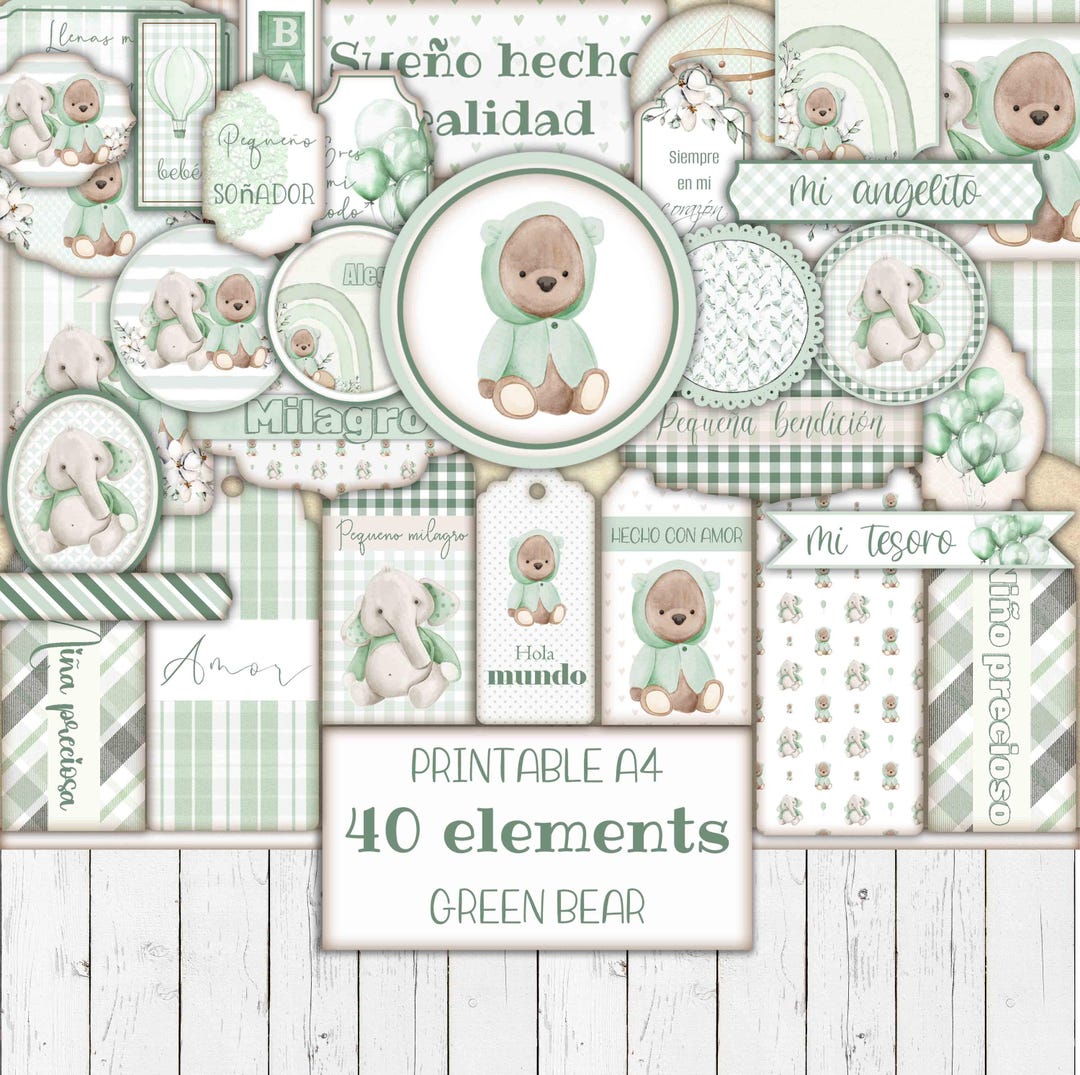 Spanish Green Baby Bear Printable Ephemera Kit, Digital Junk Journal ...