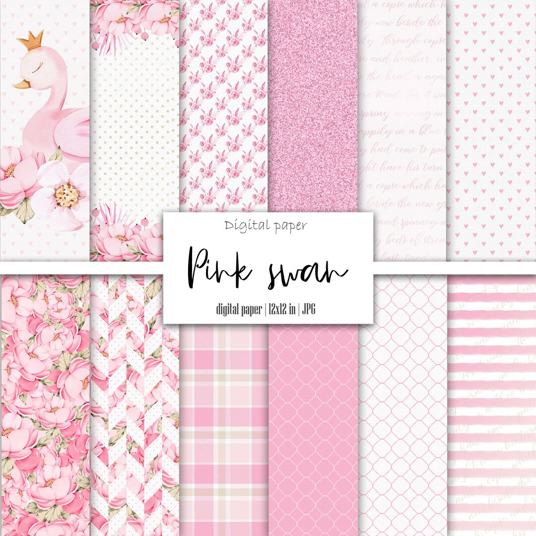 Pastel Pink Digital Paper Pack 12x12, Princess Swan Scrapbook Set ...