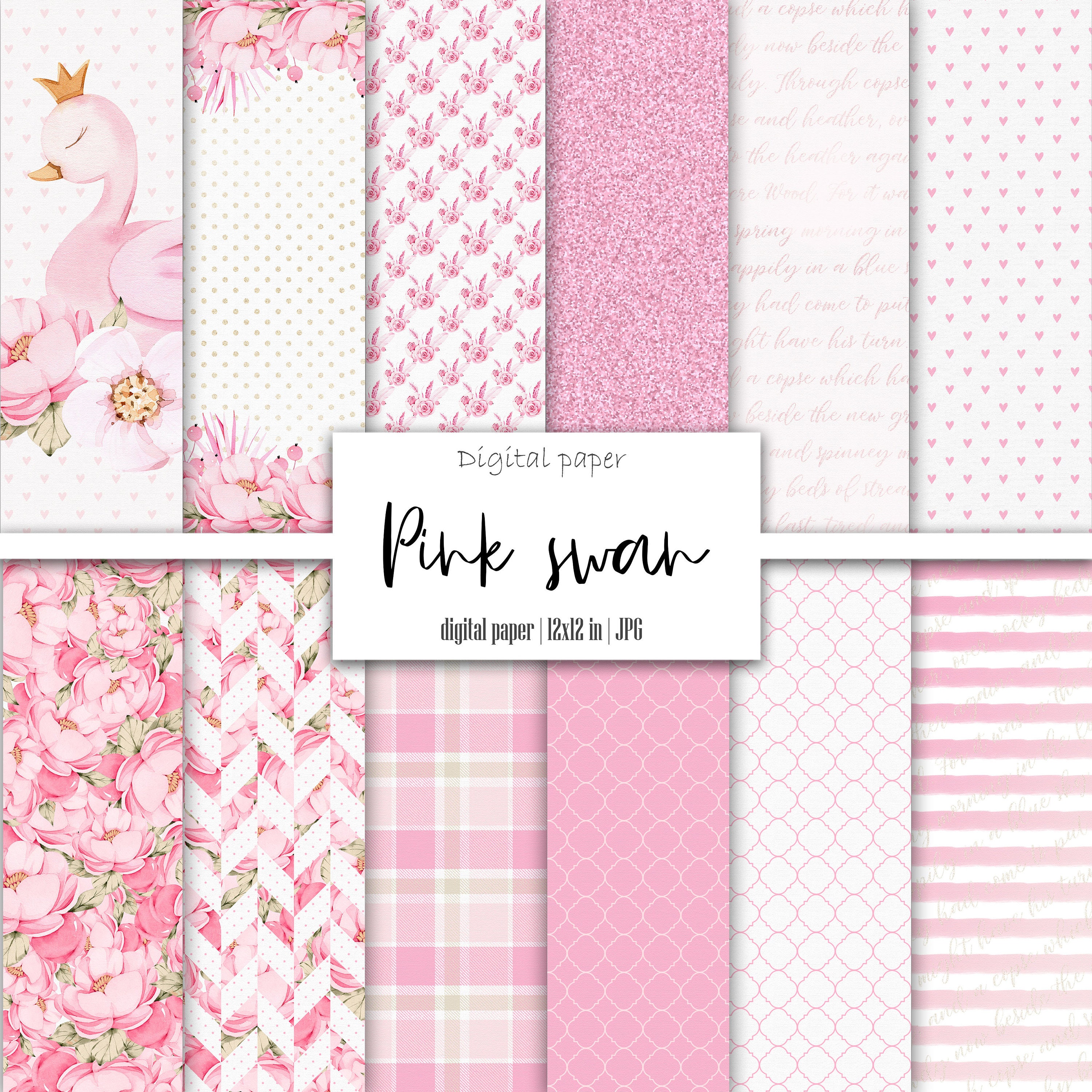 Pastel Pink Digital Paper Pack 12x12, Princess Swan Scrapbook Set ...