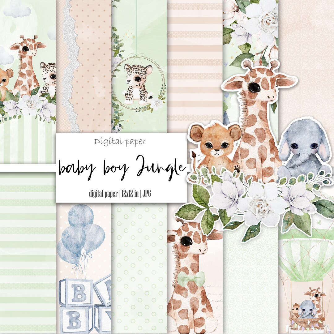 Cute Jungle Animals Digital Paper Pack, Watercolor Baby Safari Animals ...