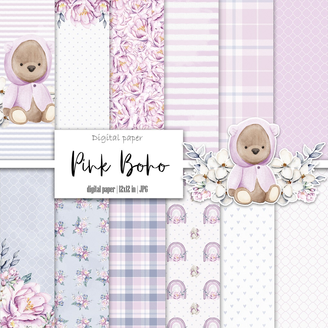 Pastel Pink Teddy Bear, Rainbows Flowers Baby Digital Scrapbook Paper ...