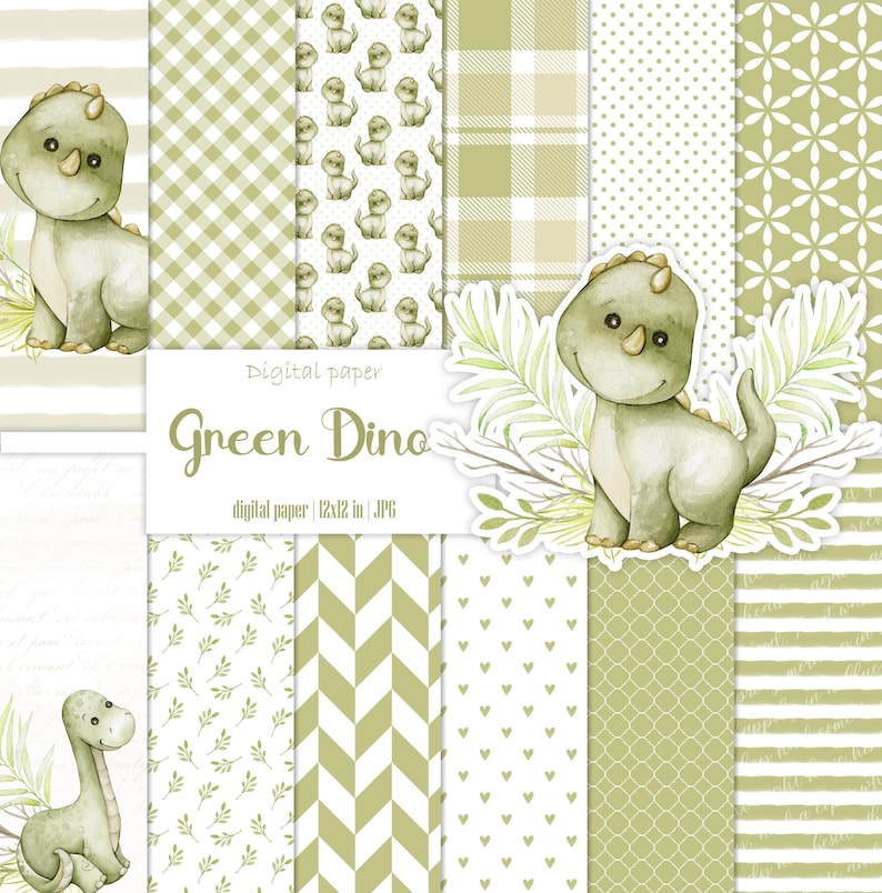 Dino Baby Digital Paper Pack, Gender Neutral, Scrapbook Album, Green ...