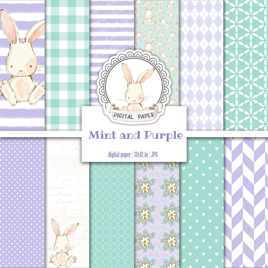 Baby Bunny Mint Digital Paper Pack, Rabbit Pattern, Purplegendre ...