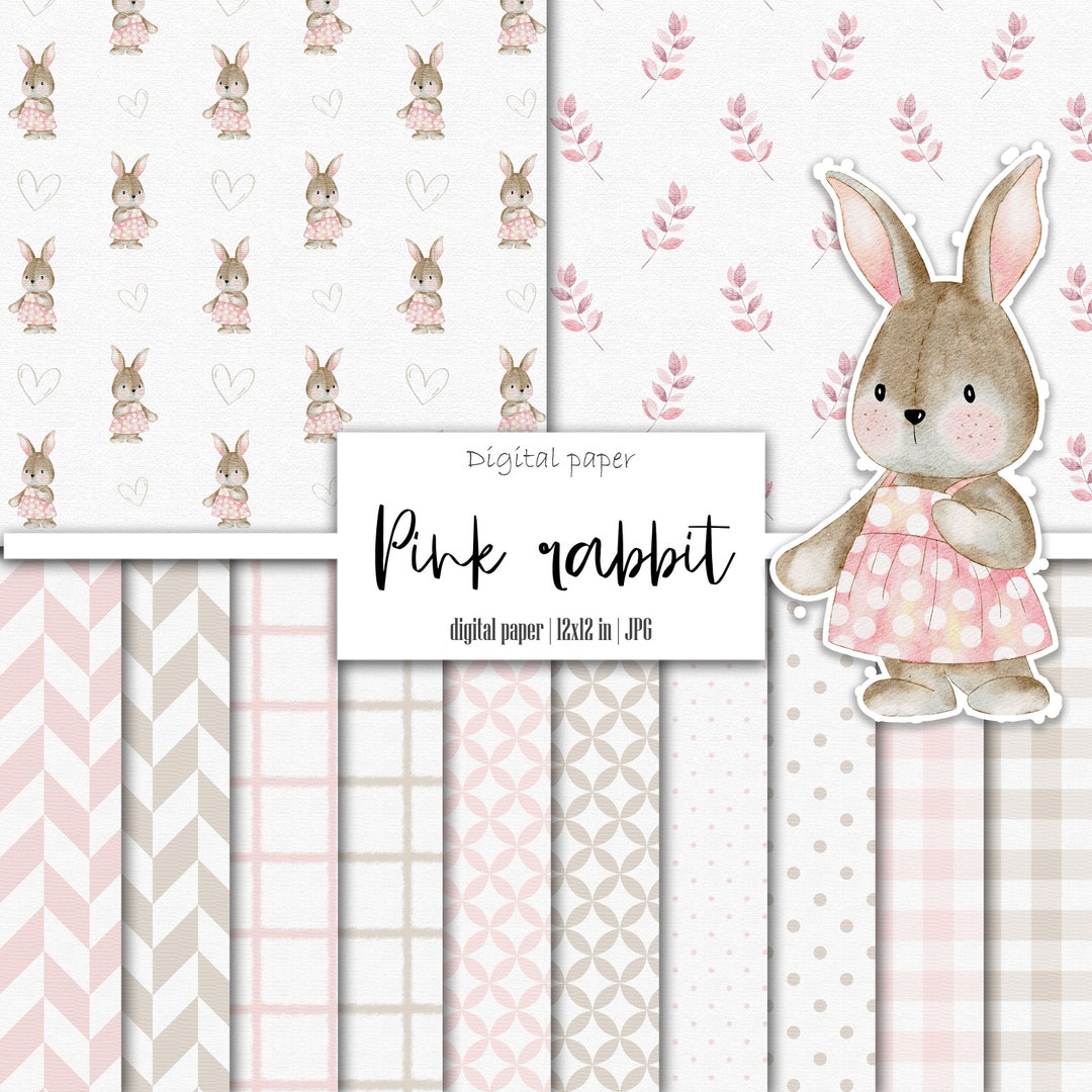 Baby Girl Digital Paper, Little Rabbit, Pink and Beige, Simple ...