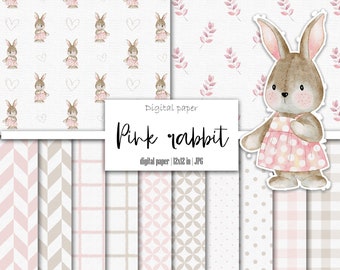 Baby Girl Digital Paper Pack Bunny Land Beige and Pink Printable ...