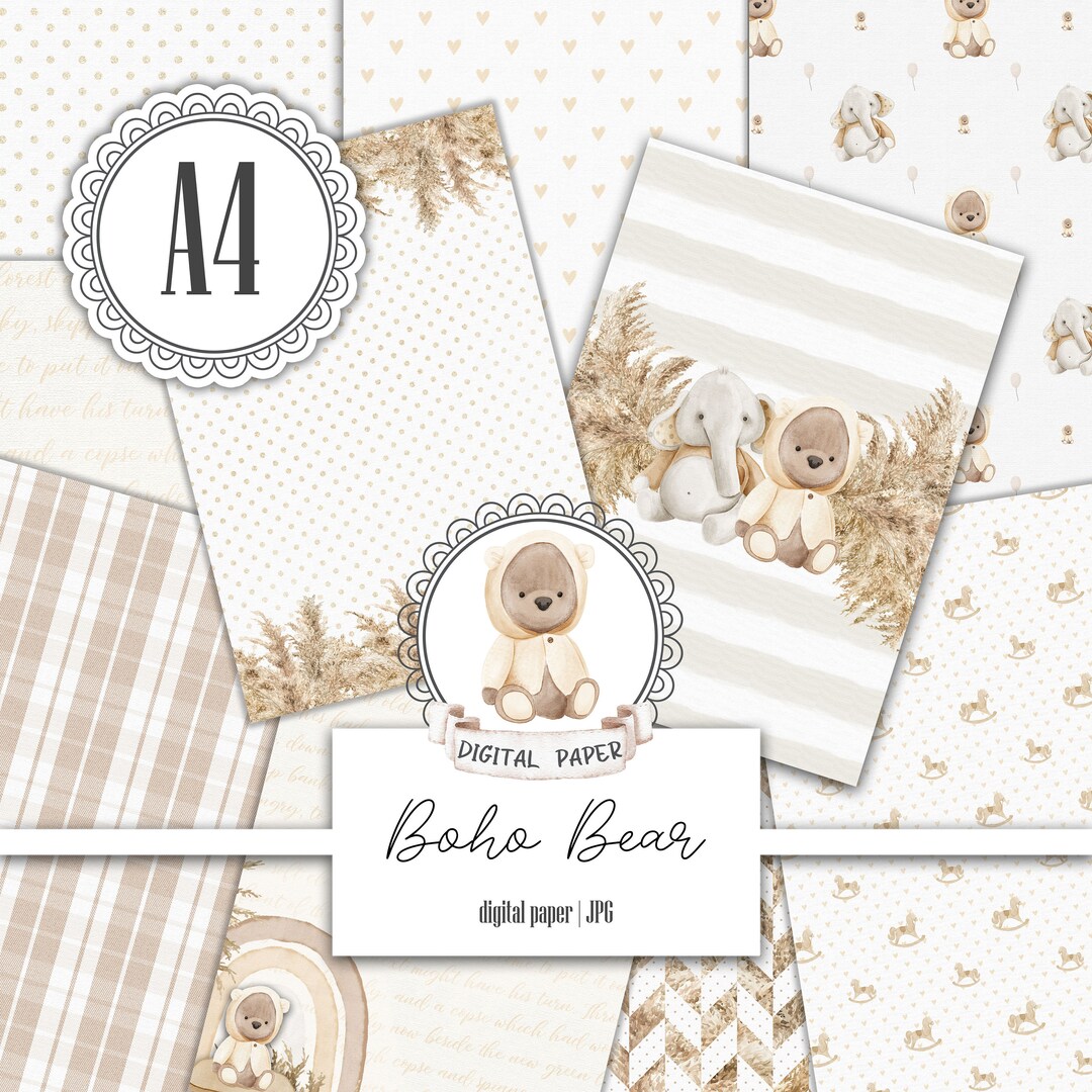 A4 Boho Baby Bear Digital Paper Pack, Gendre Neutral, Scrapbook Album ...
