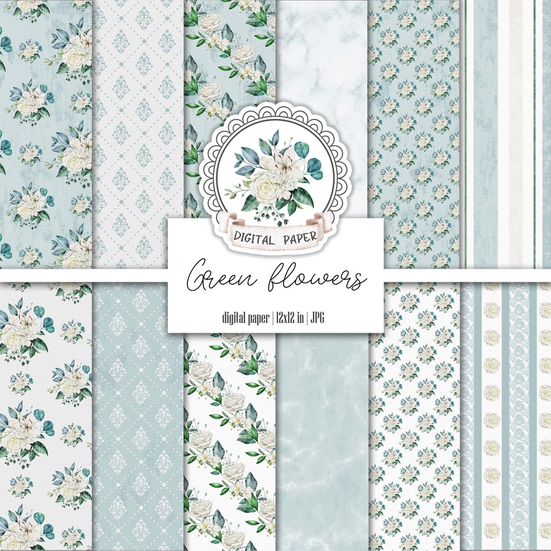 Watercolor Green and White Flowers Digital Paper Pack, Floral ...