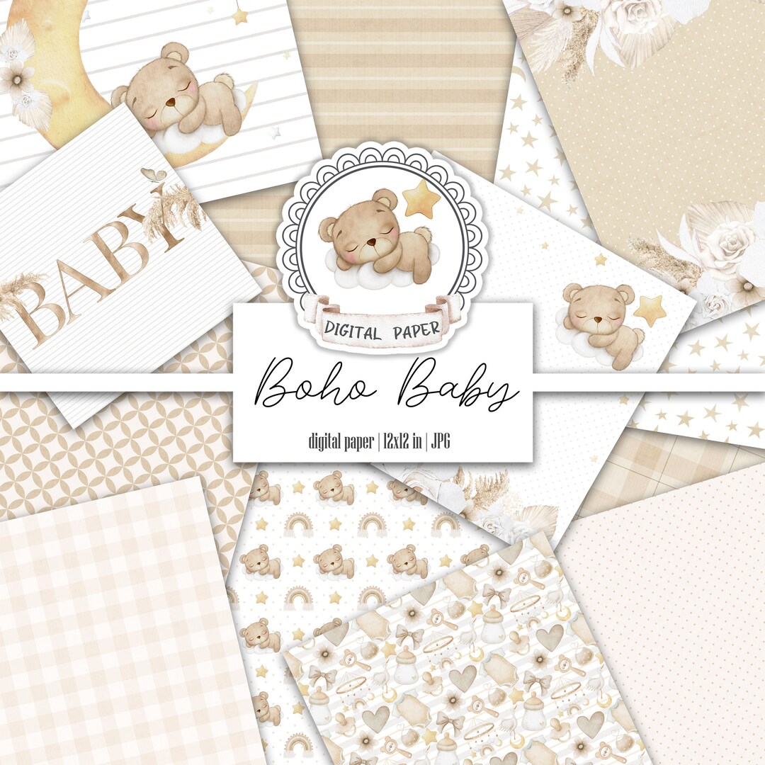 Boho Baby Teddy Bear Digital Scrapbooking Paper Pack, Boy Girl Album ...