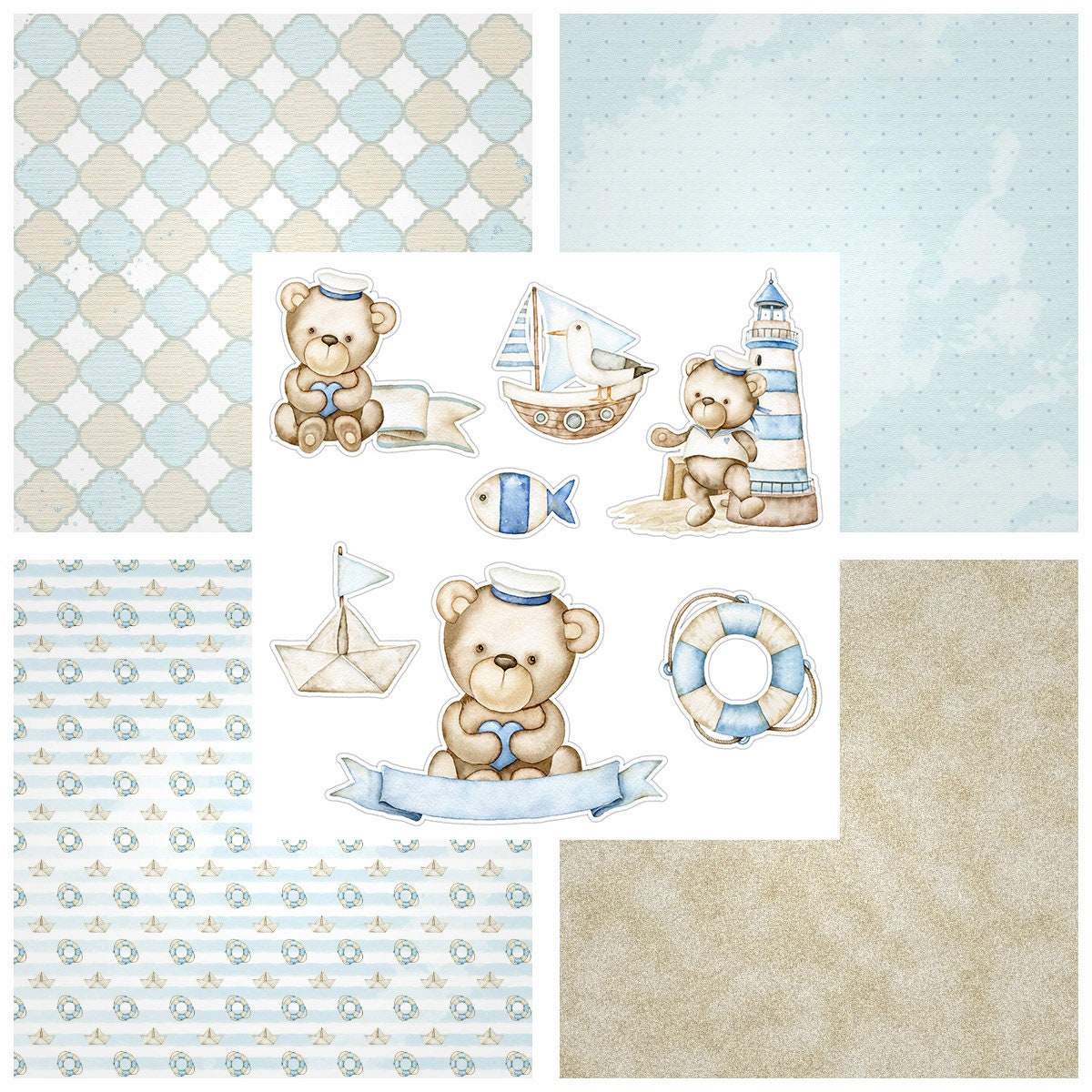 The Little Sailor, Teddy Bear, Sea Digital Paper, Nursery Background ...