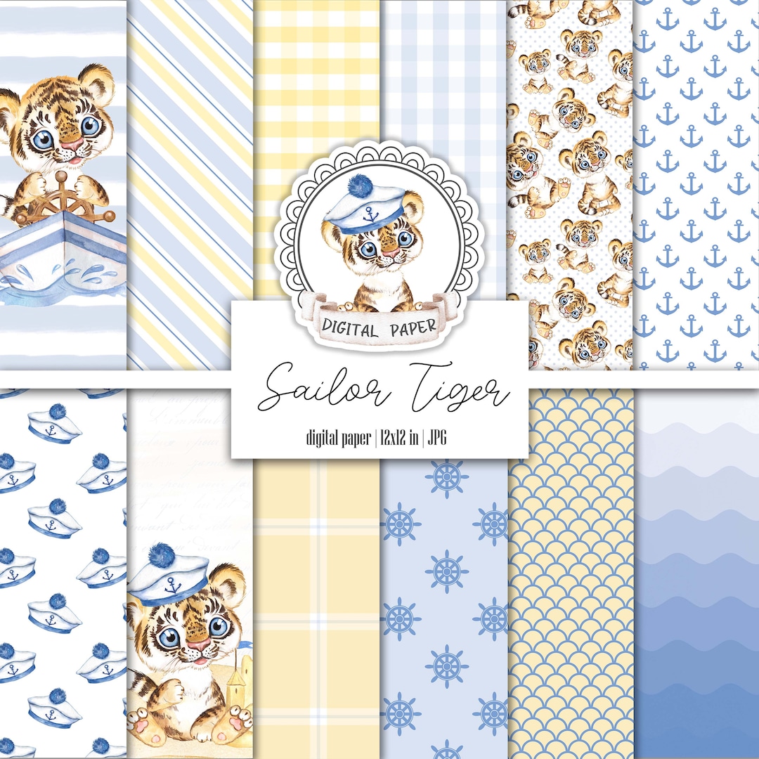 Nautical Blue Tiger Sailor Digital Paper Pack, Summer Boy Scrapbooking ...