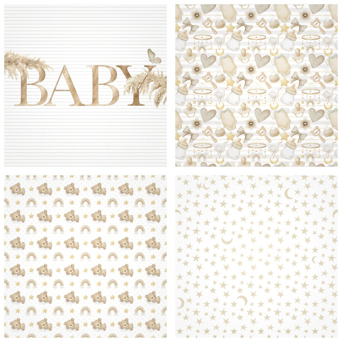 Boho Baby Teddy Bear Digital Scrapbooking Paper Pack, Boy Girl Album ...
