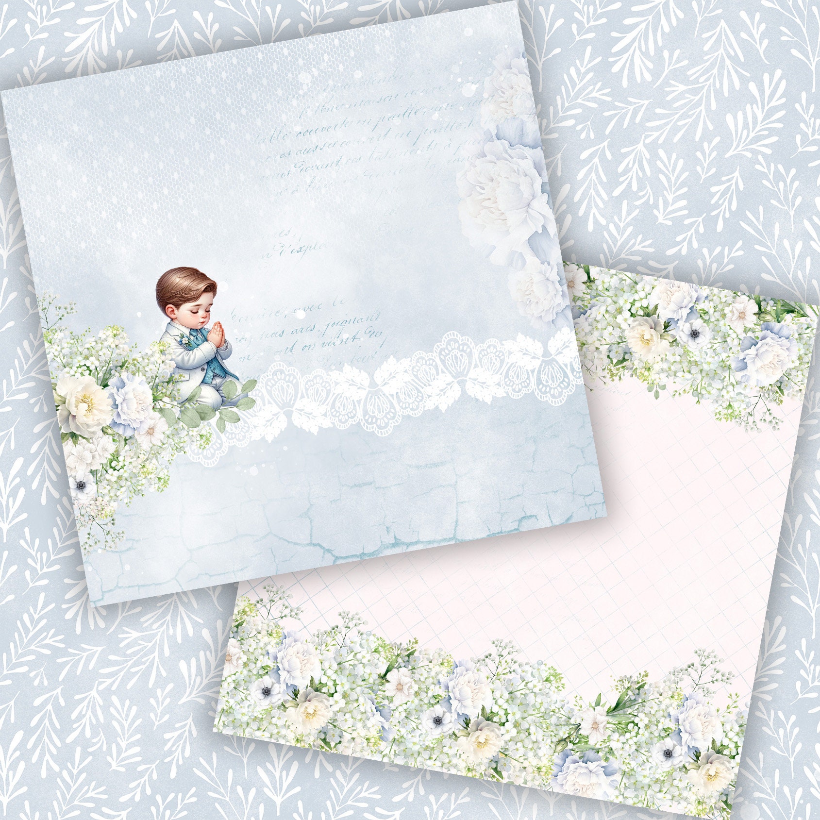 Blue Baptism Digital Paper Pack, Green Boy Scrapbook Album, Flower ...