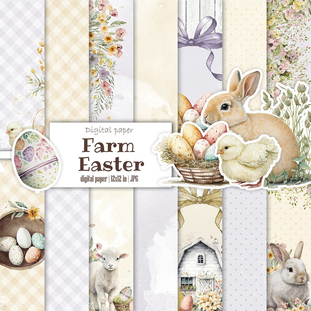 Easter Digital Paper Pack, Farm Bunny Printable Scrapbook Album, Eggs ...