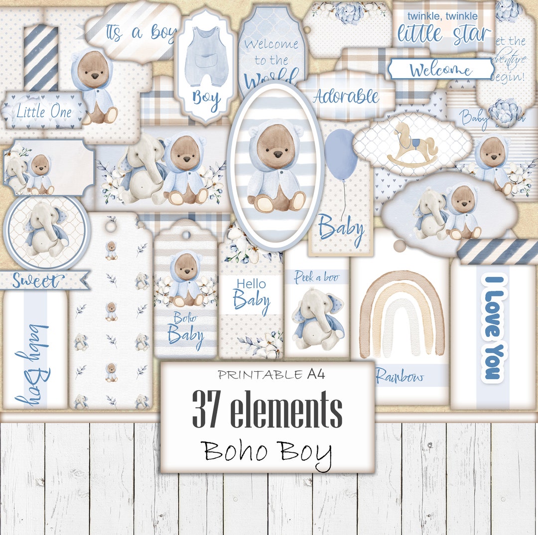 Boho Blue Baby Boy Bear Printable Ephemera Kit, Digital Junk Journal ...