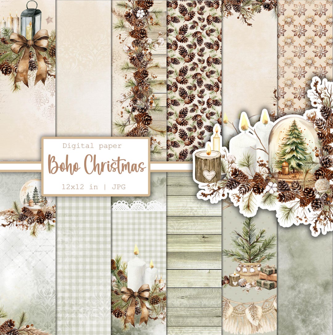Boho Christmas Digital Paper Pack, Watercolor Rustic Scrapbooking ...