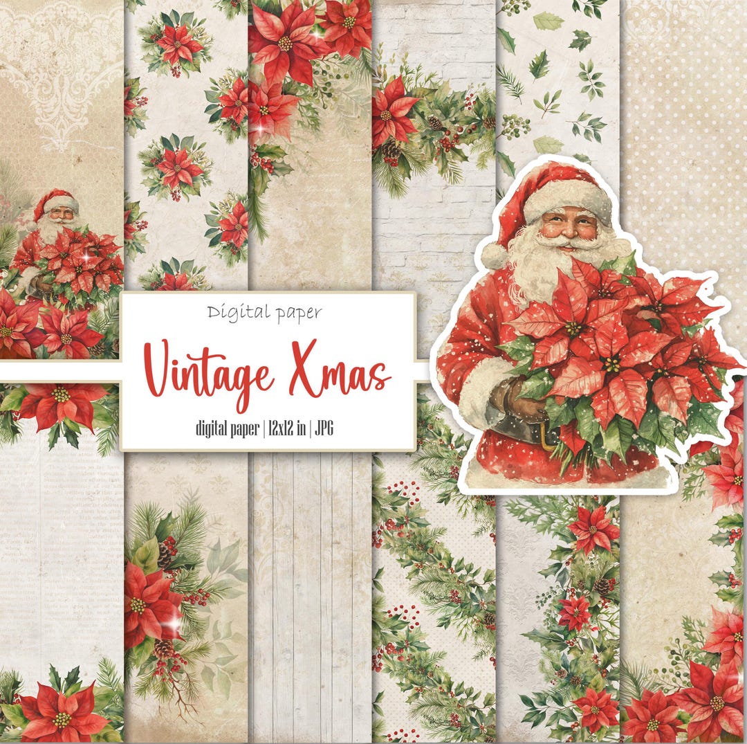 Vintage Christmas Digital Paper Pack, Red Poinsettia, Distress Pattern ...
