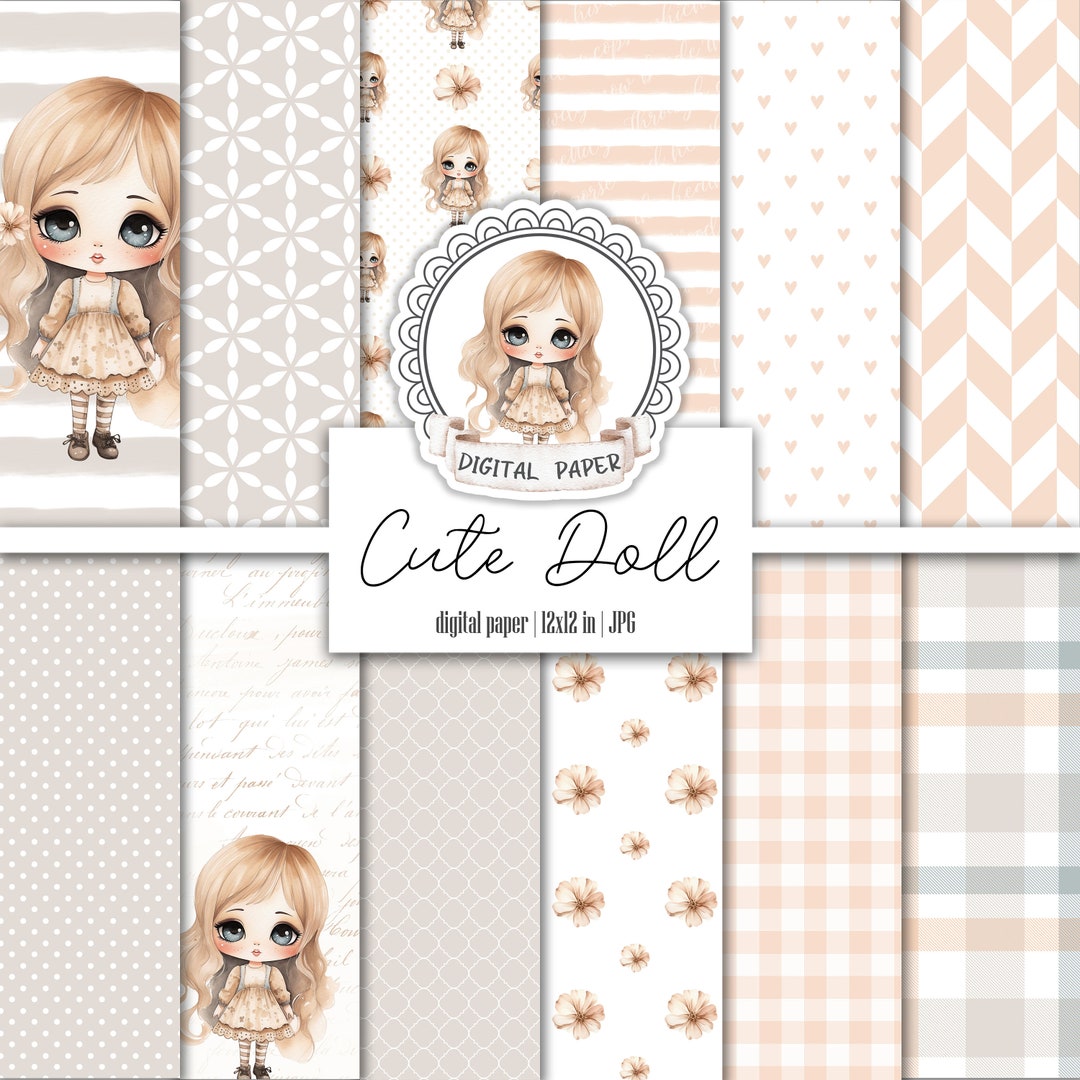 Cute Little Doll Digital Paper Pack, Doll Clipart, Beige Scrapbooking ...