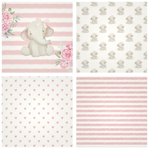 Pink Baby Girl Elephant Digital Paper Pack, Newborn Floral Scrapbook ...